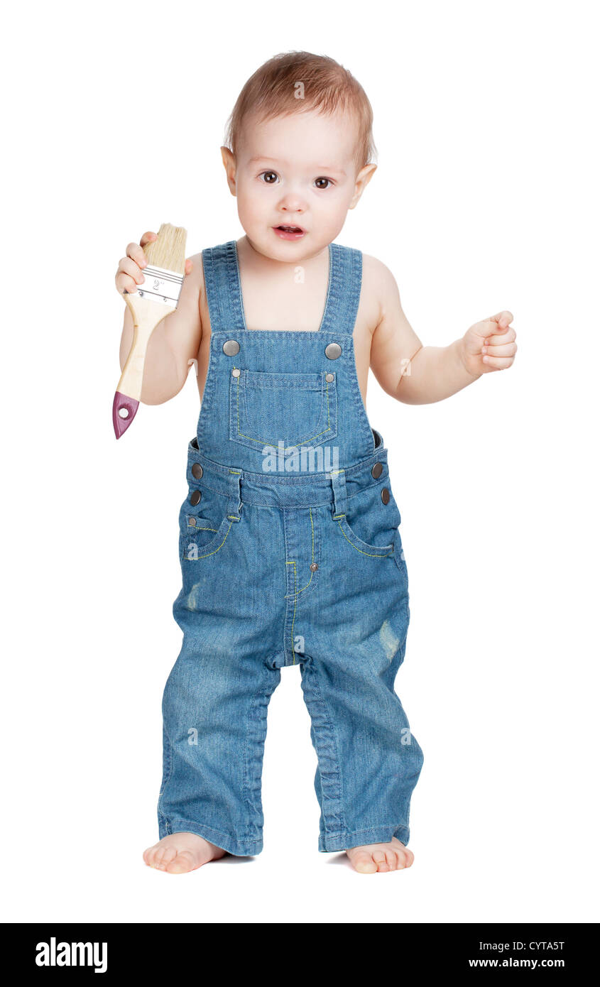 Small baby worker with paint brush. Isolated on white Stock Photo - Alamy