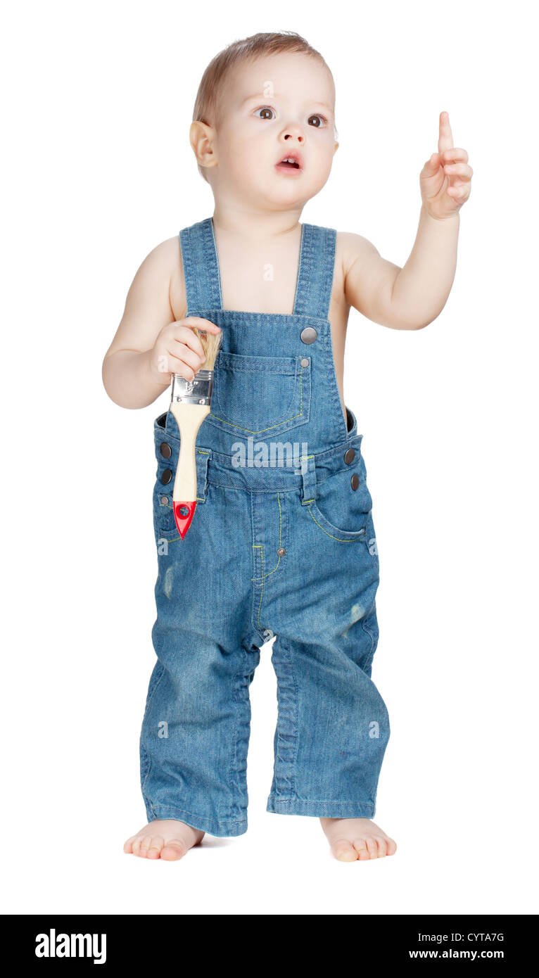 Small baby worker with paint brush. Isolated on white Stock Photo - Alamy