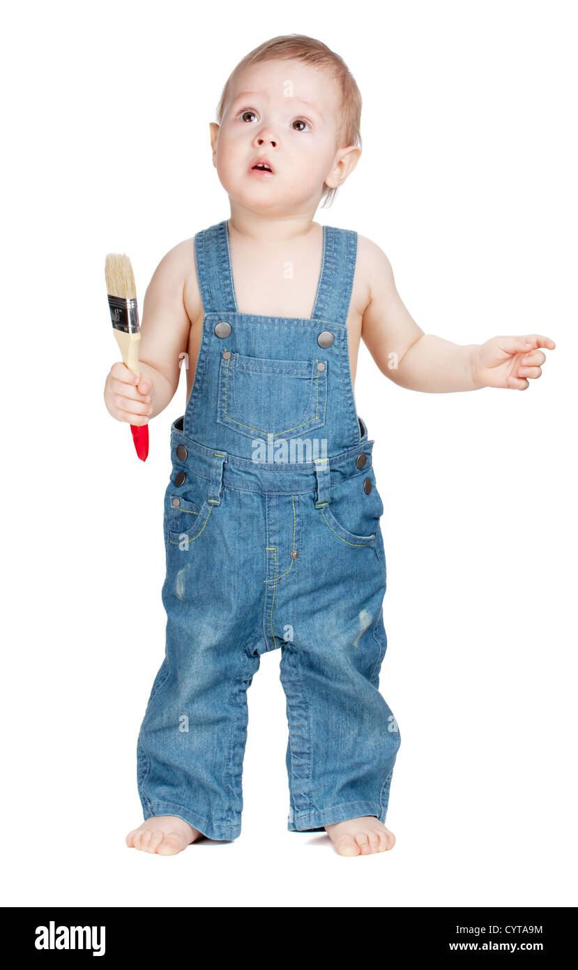Small baby worker with paint brush. Isolated on white Stock Photo - Alamy