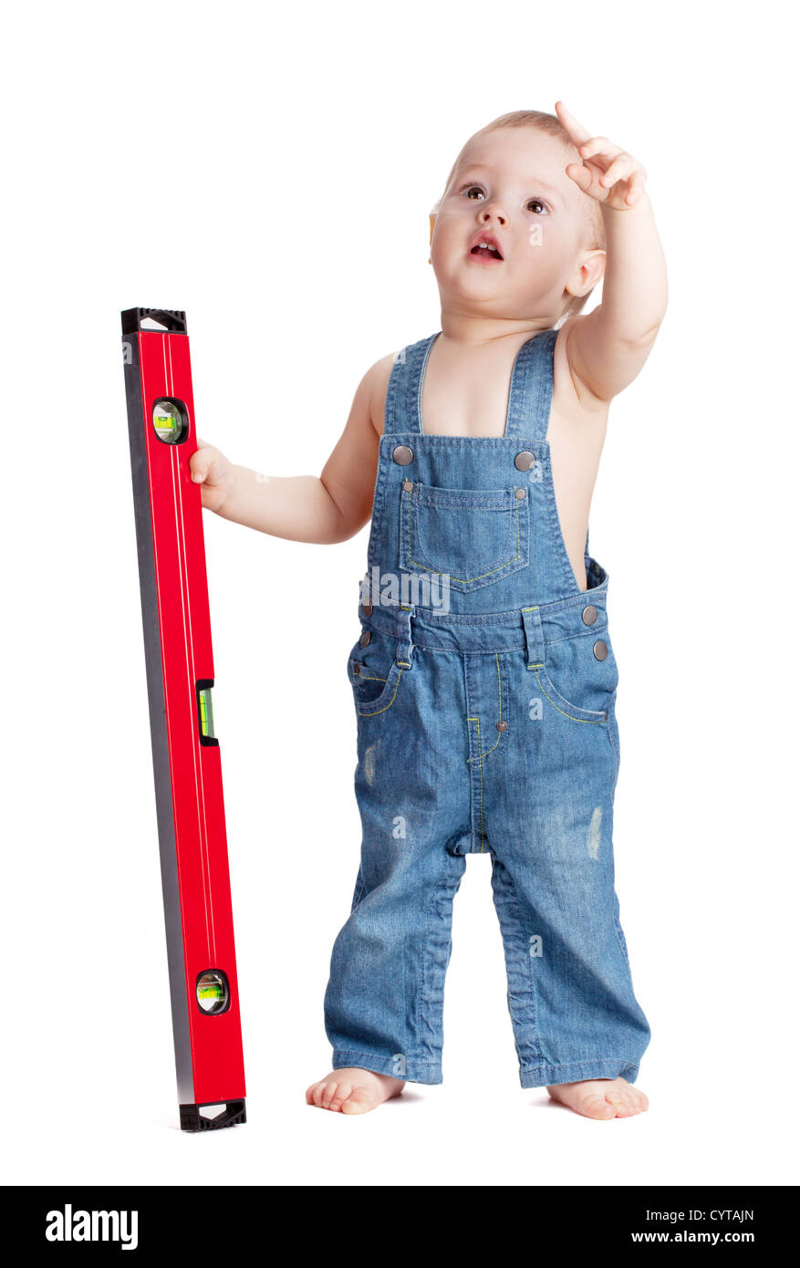 Small baby worker with level. Isolated on white Stock Photo - Alamy