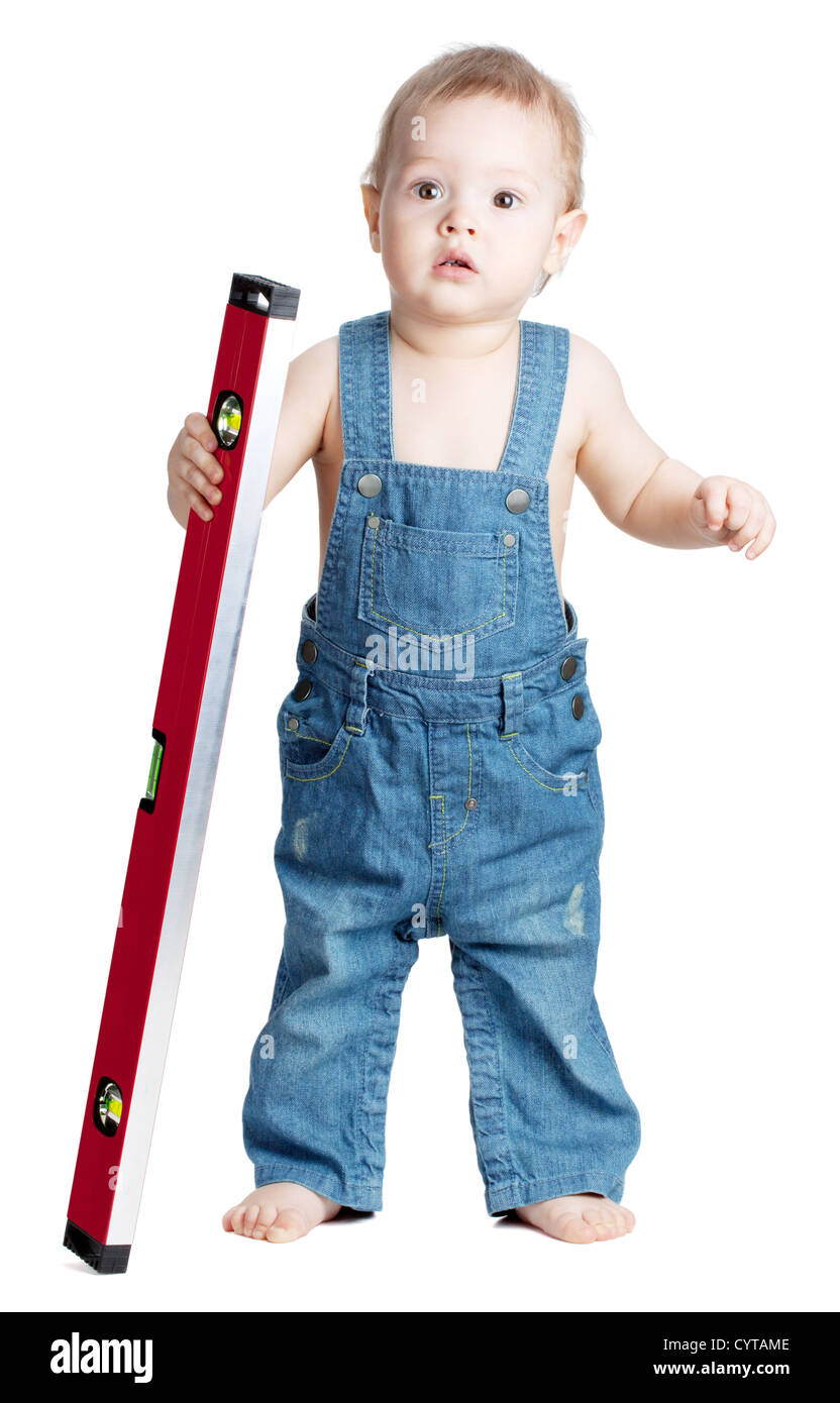Small baby worker with level. Isolated on white Stock Photo - Alamy