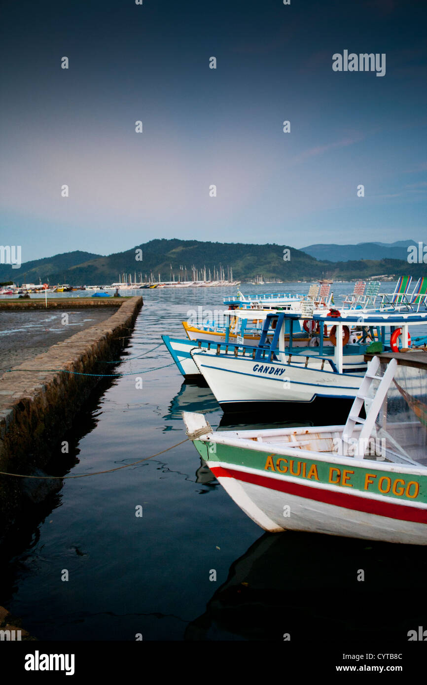 traditional local fishing boats at Paraty historic town in Rio de ...