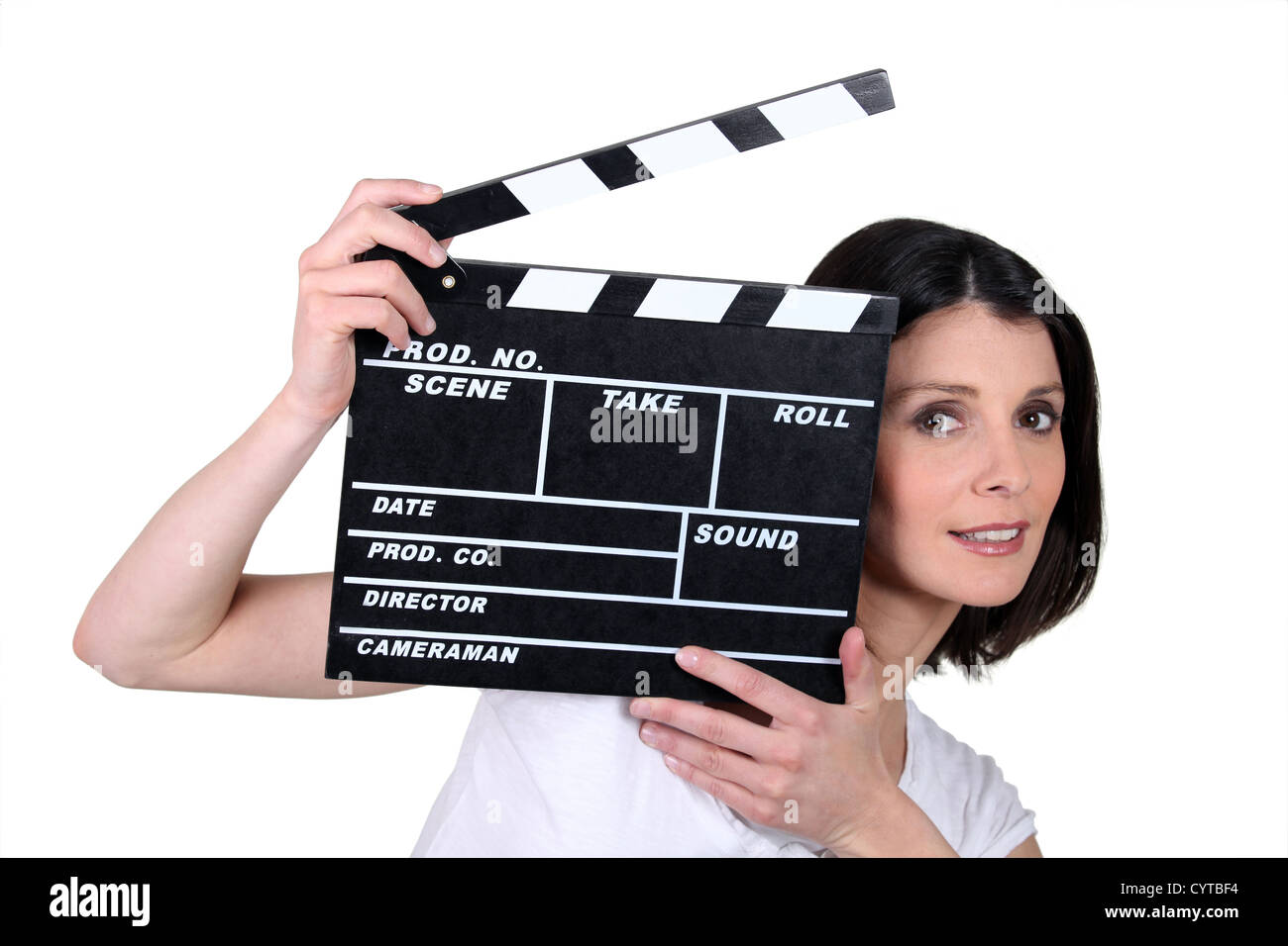 Woman with movie slate Stock Photo - Alamy
