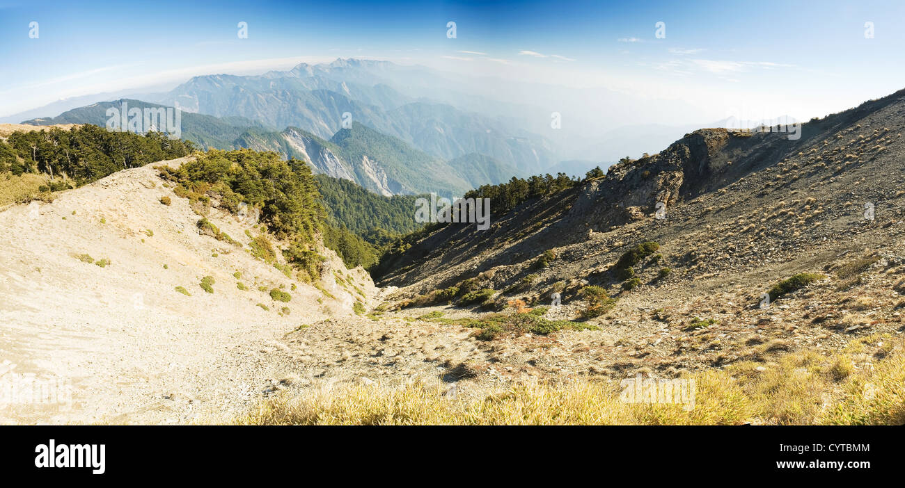 The big dangerous ravine panorama with the high mountain Stock Photo ...