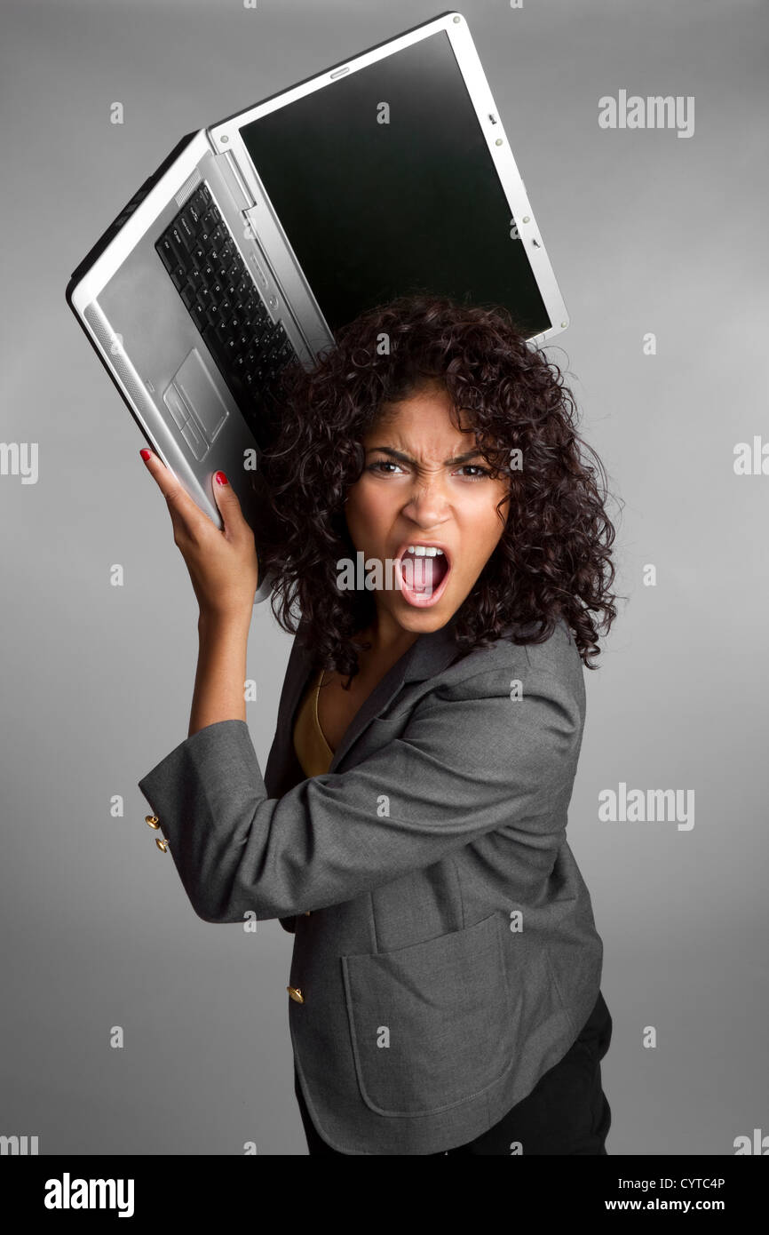 Angry Laptop Woman Stock Photo - Alamy