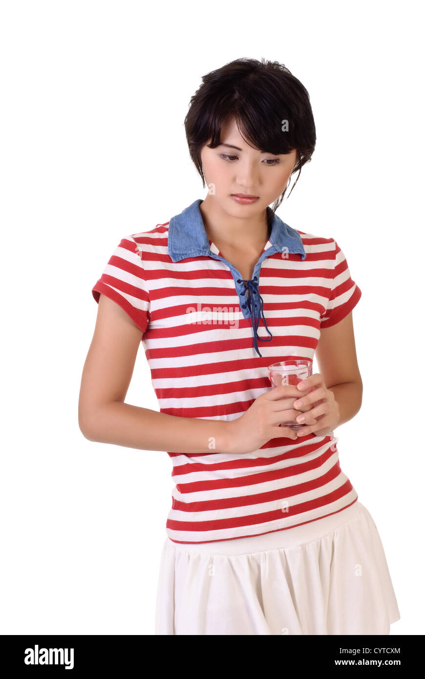 Lonely woman holding glass, closeup portrait with sad expression on ...