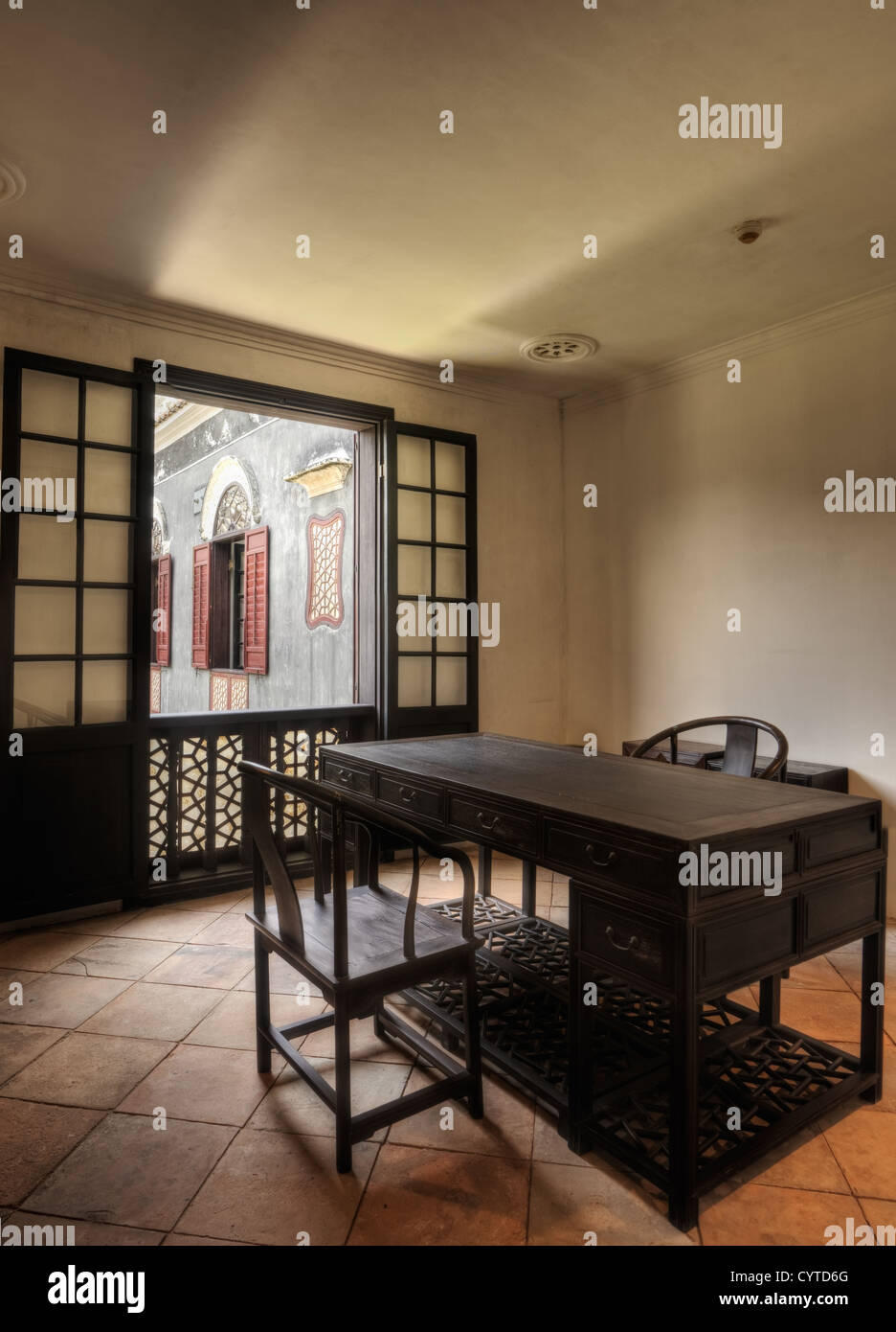Architecture of Chinese room, interior with wooden chair and desk and ...