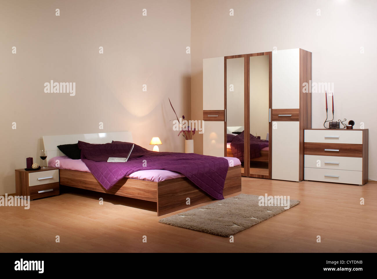 bedroom interior showcase including bed, wardrobe, bedside table ...