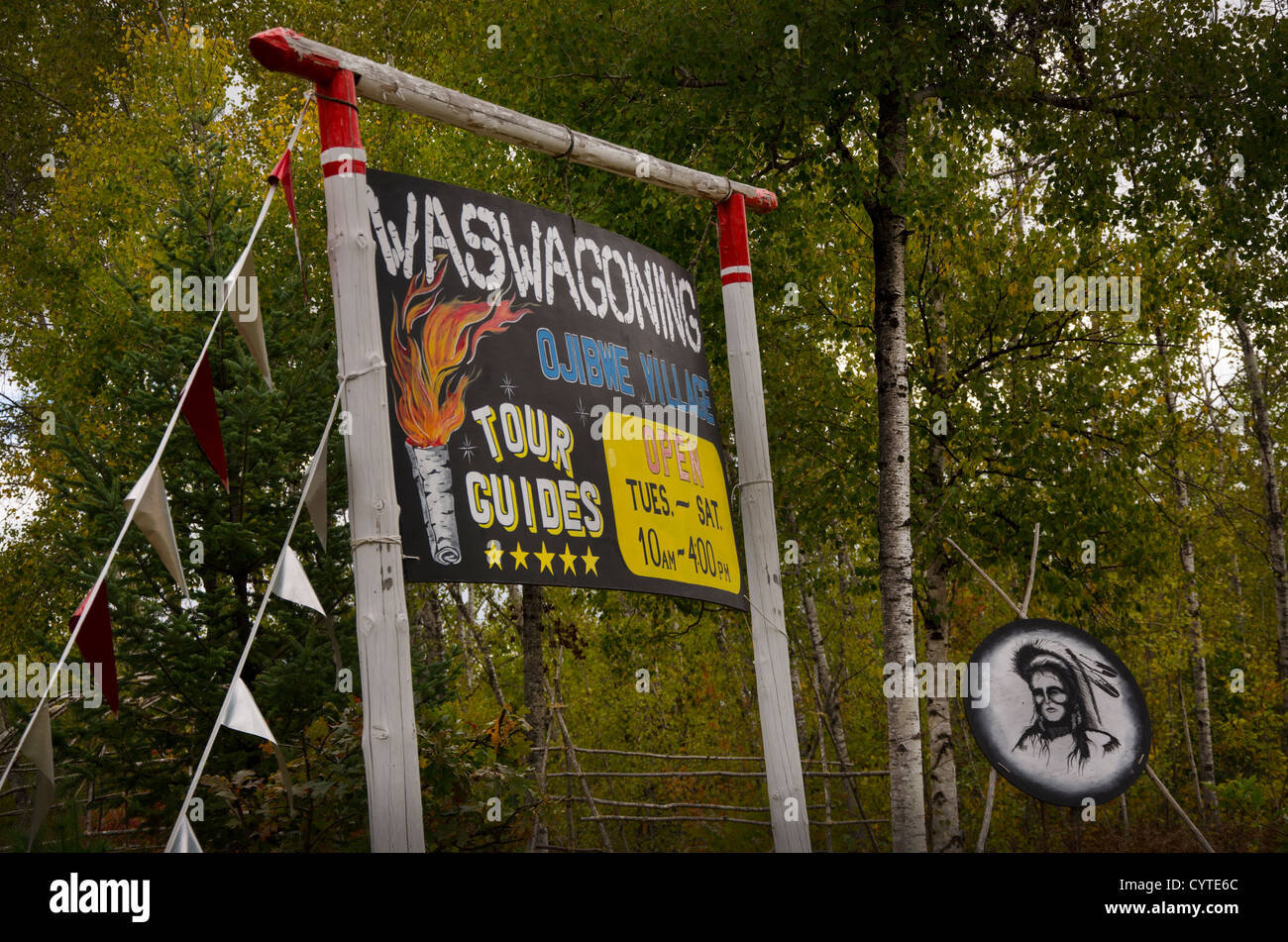 Sign for the Waswagoning Ojibwe Indian Village near the Northwoods town ...