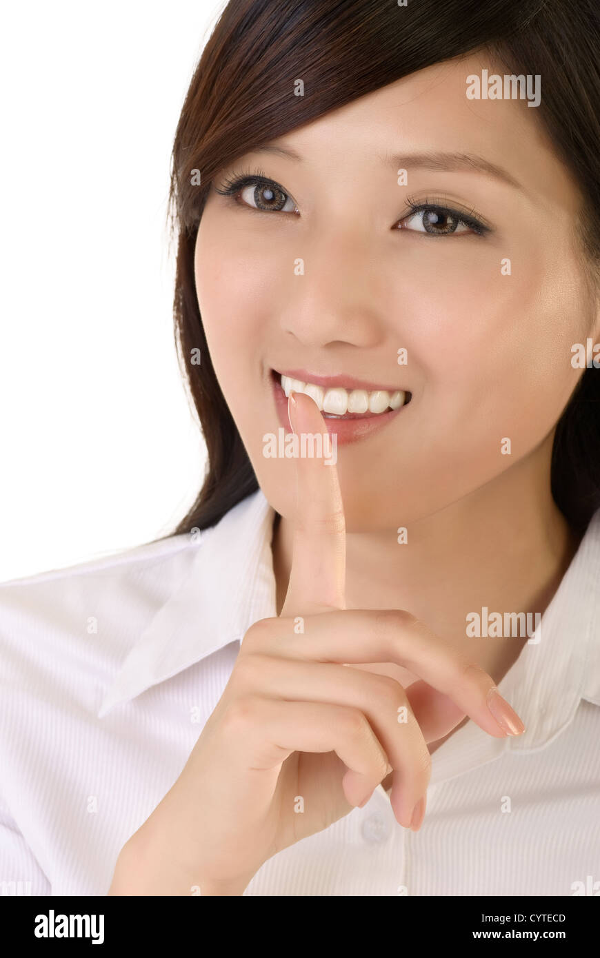 Happy businesswoman with silent gesture, closeup up portrait of ...