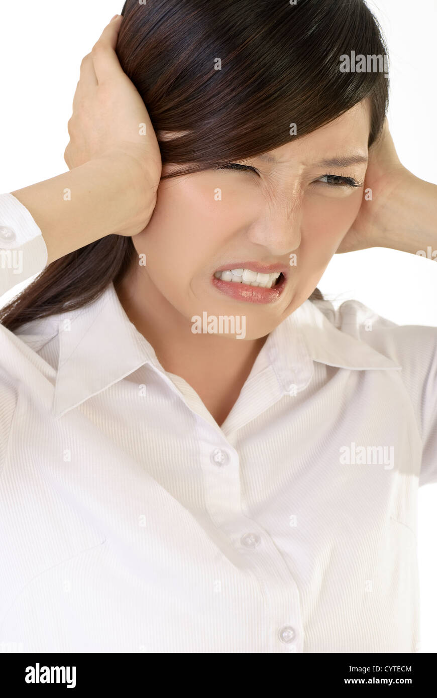 Business woman with pain, closeup portrait of oriental office lady on ...