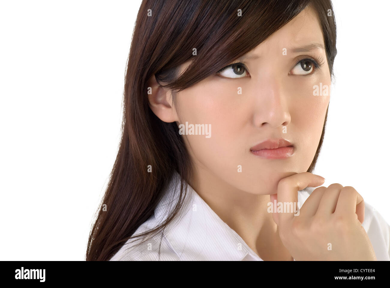 Worried business lady face, closeup portrait of oriental woman on white ...