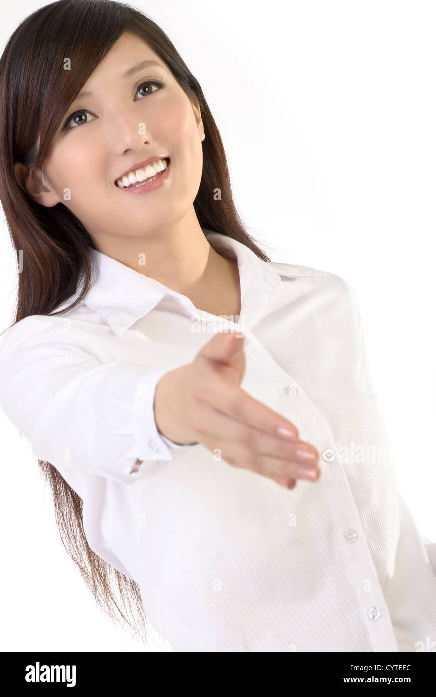 Shake hand figure of business woman, closeup portrait of oriental ...