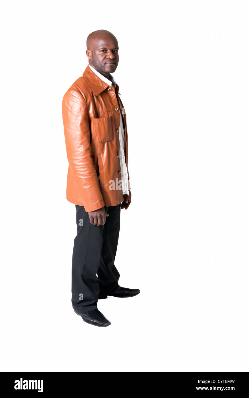 Handsome black man with leather jacket smiling isolated on white ...