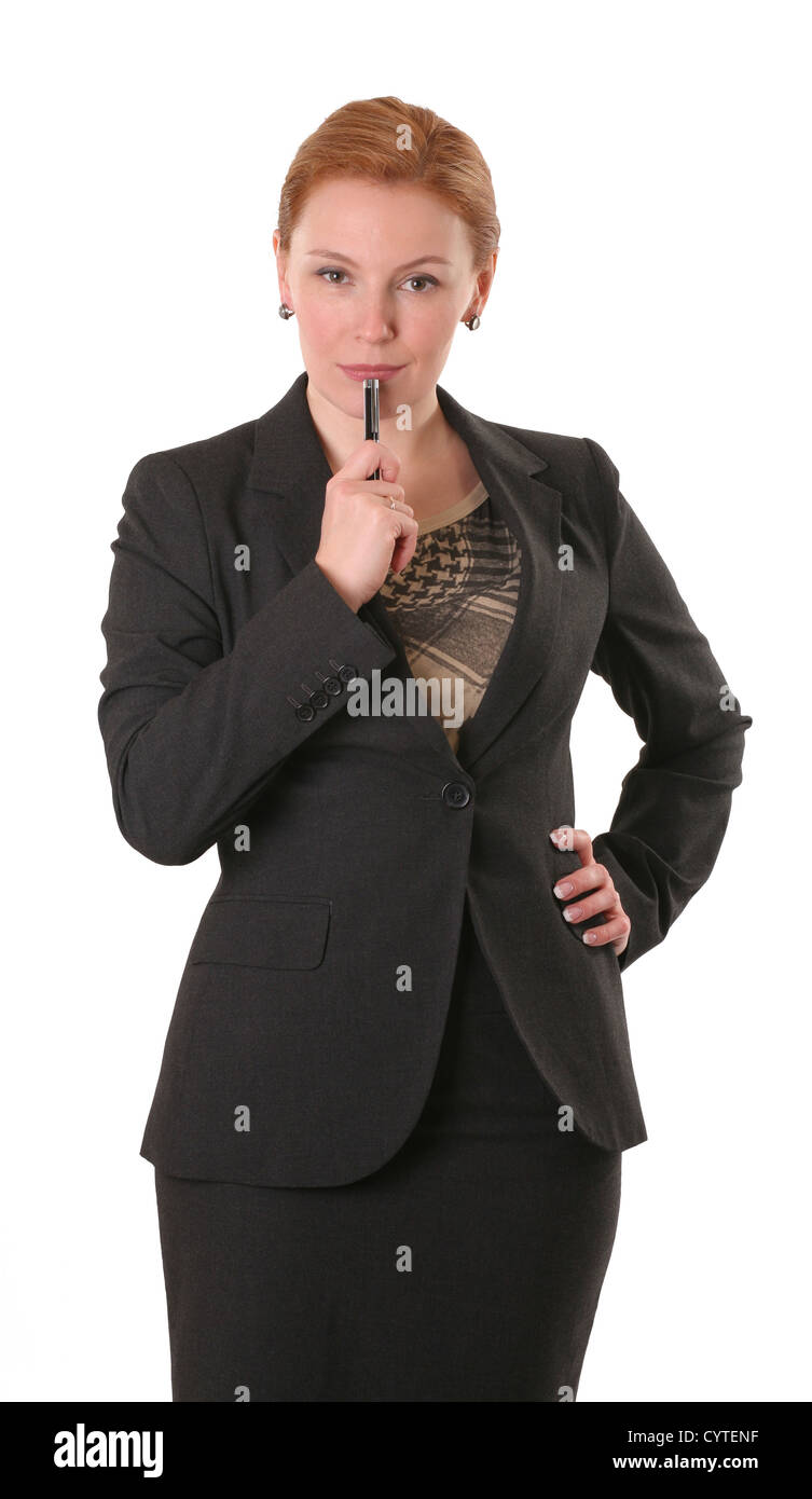 woman with pen on white Stock Photo - Alamy