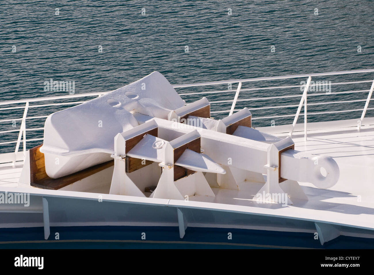 Spare ships anchor lashed down on the bow of a cruise ship Stock Photo ...