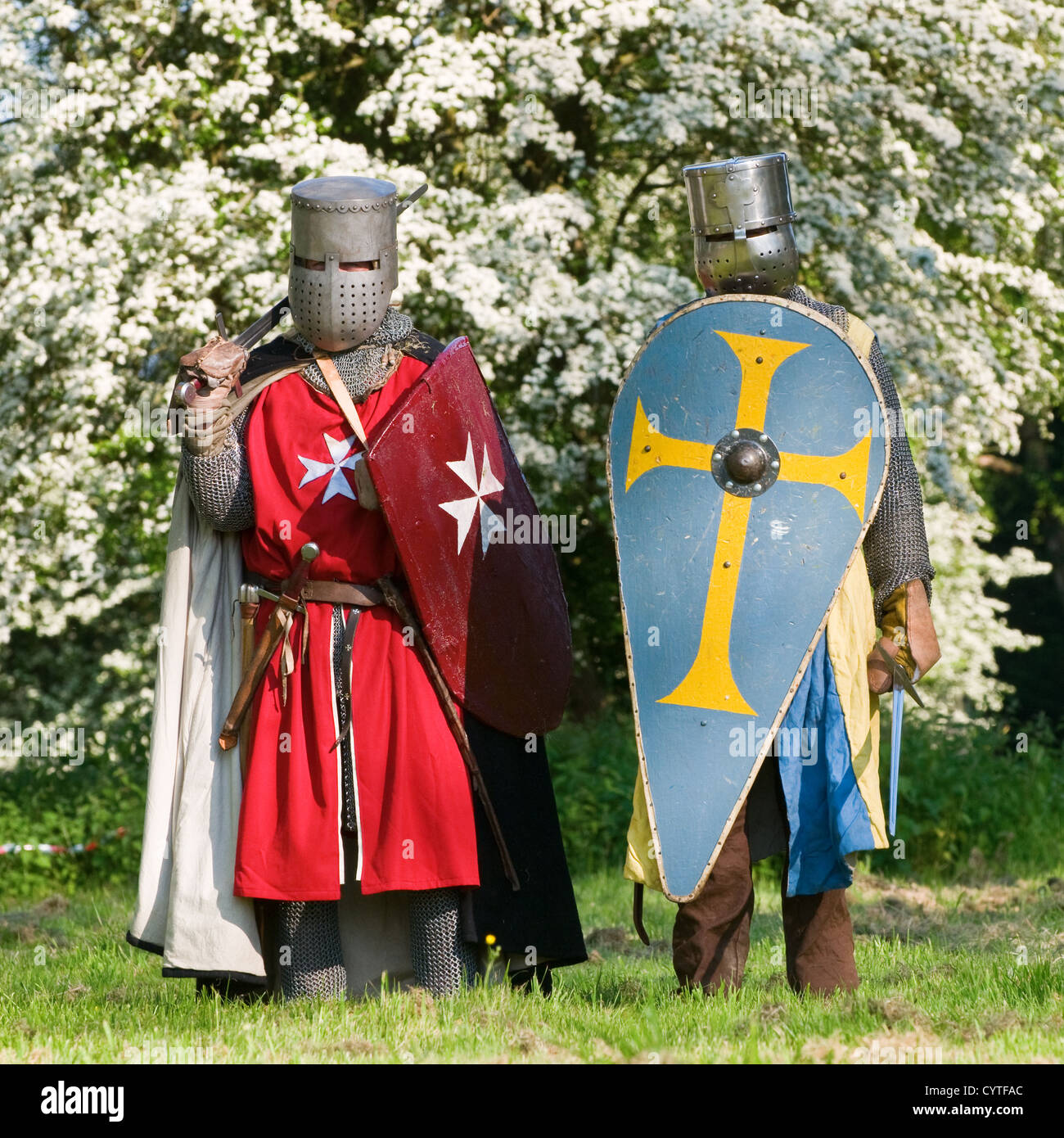 Actors acting out a scene of a battle dressed as knights Stock Photo ...