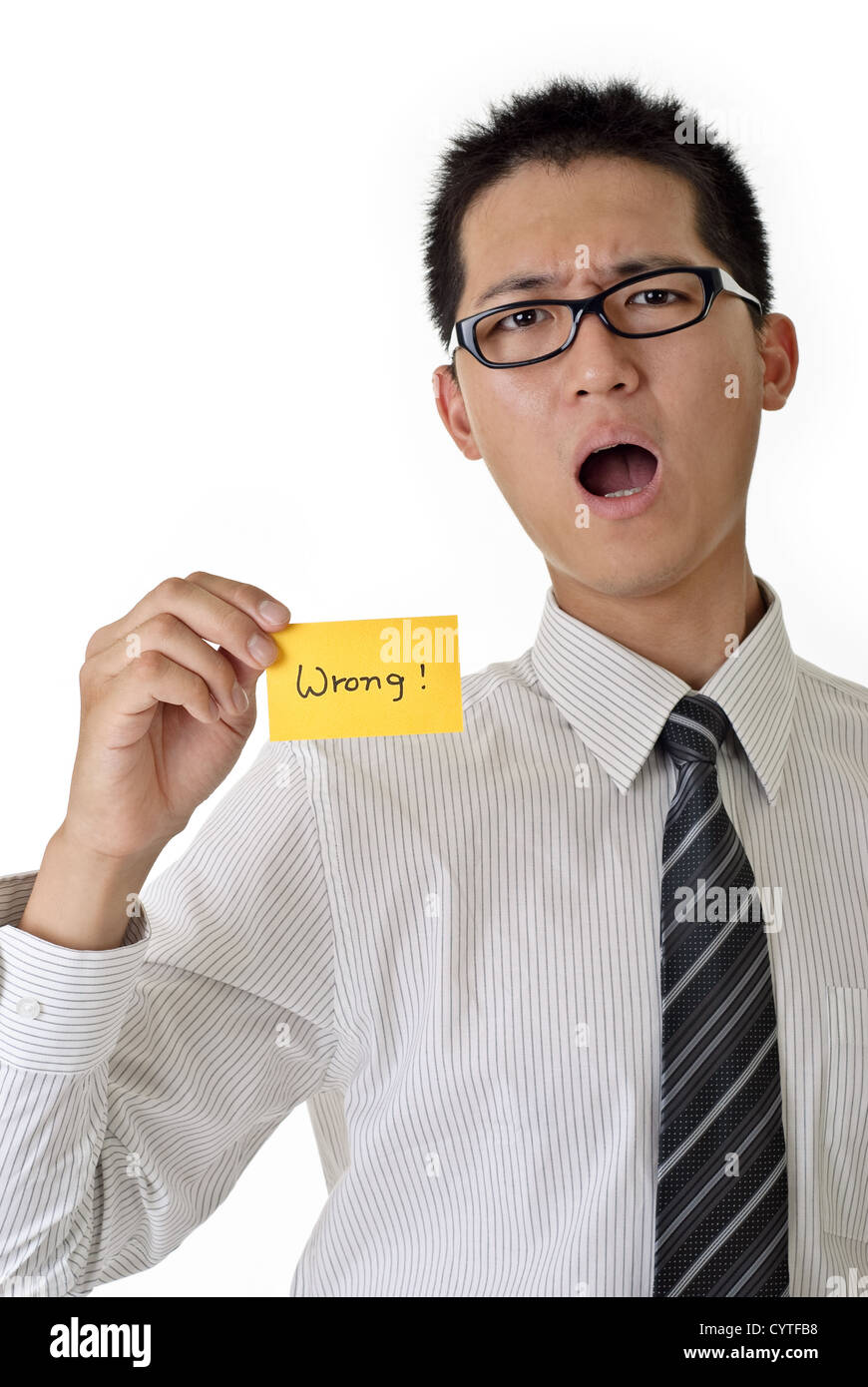 Business man say wrong and hold yellow card, closeup portrait of Asian ...