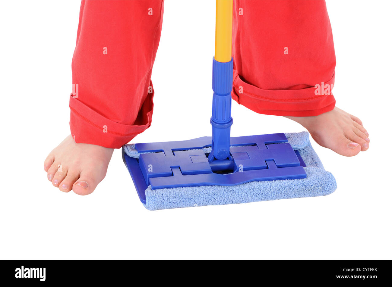 The barefoot woman holds blue a mop Stock Photo - Alamy