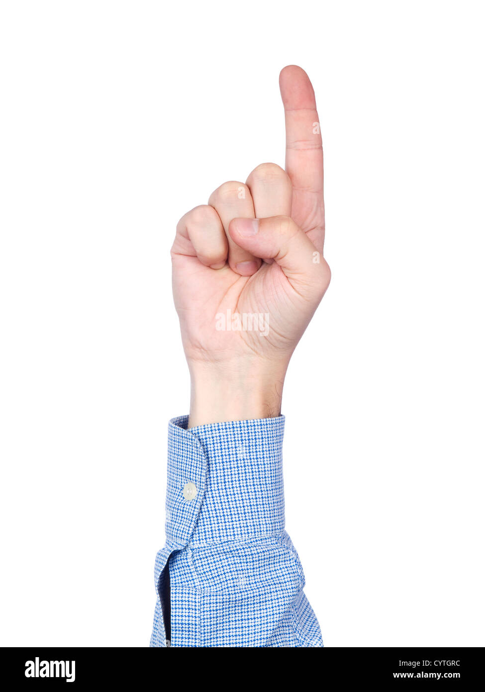 A man's hand doing number 1 gesture, isolated on white background Stock ...