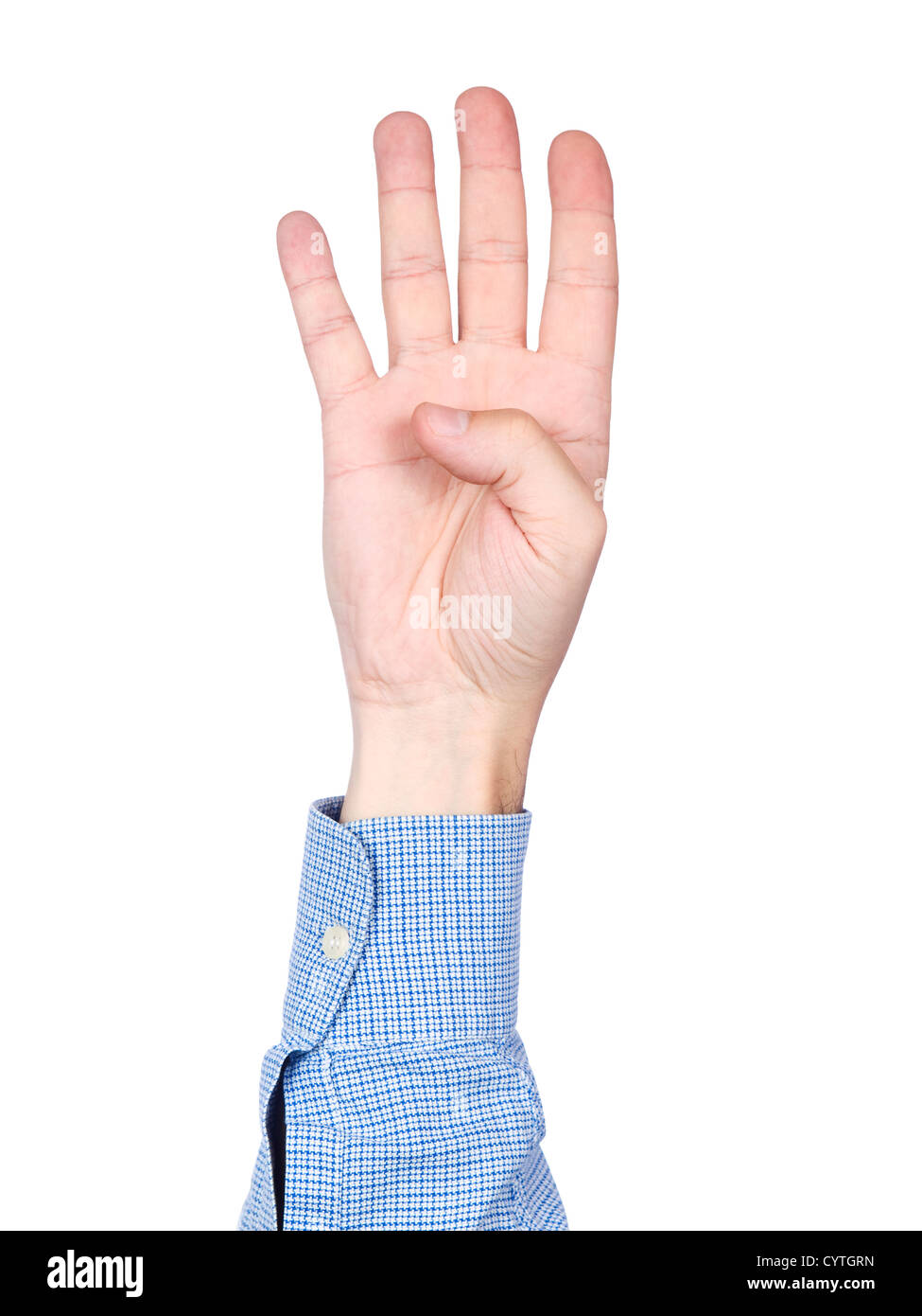 A man's hand doing number 4 gesture, isolated on white background Stock ...