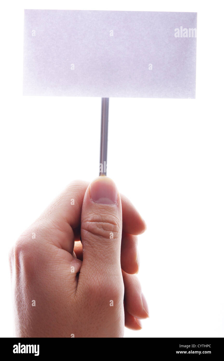 hand isolated on white background with blank or empty sheet paper and ...