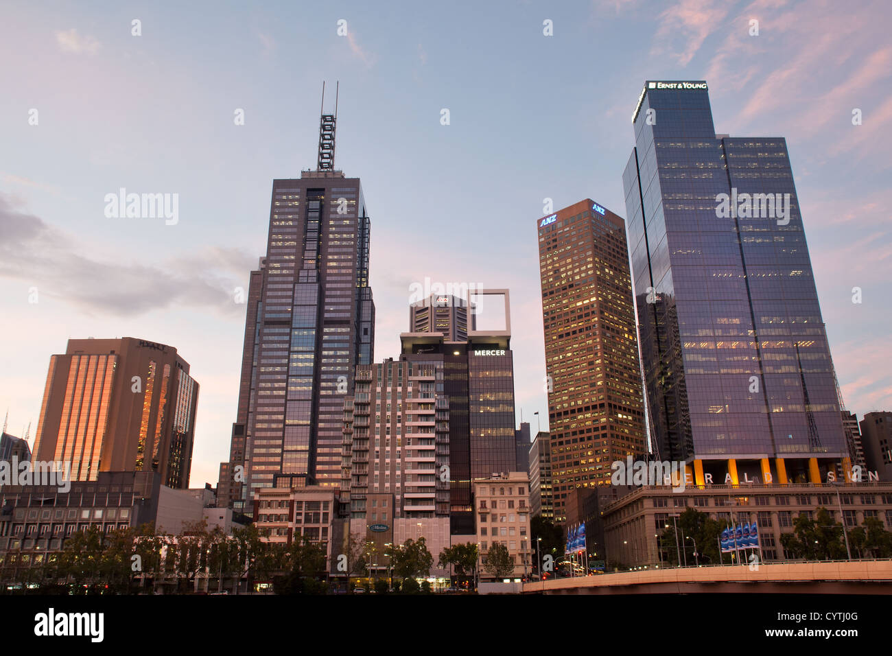 Australian city Melbourne skyline business buildings lights and purple ...