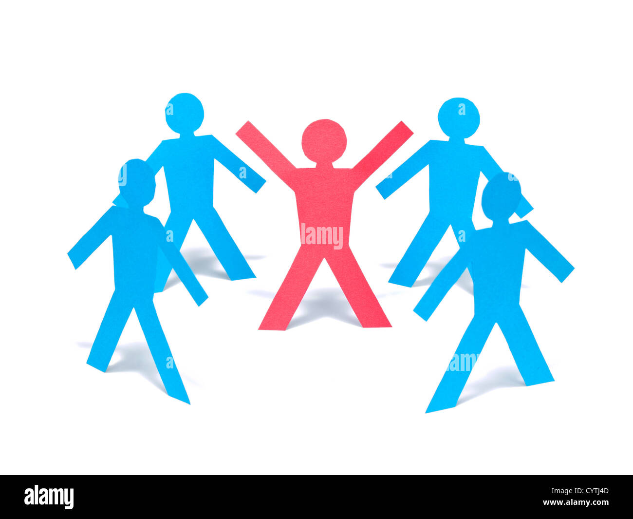 A red paper man is raising his arms among the blue paper men group ...
