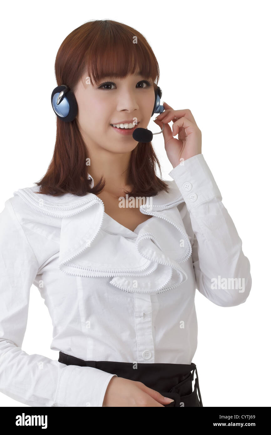 Pretty Asian secretary with headphone against white background Stock ...