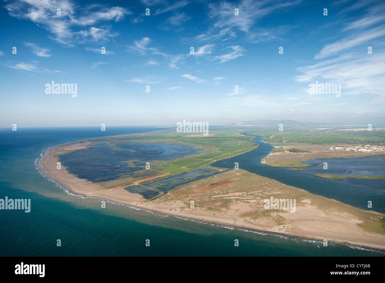 Aerial view of Buda island at Sant Jaume d'Enveja, Ebro Delta, Natural ...