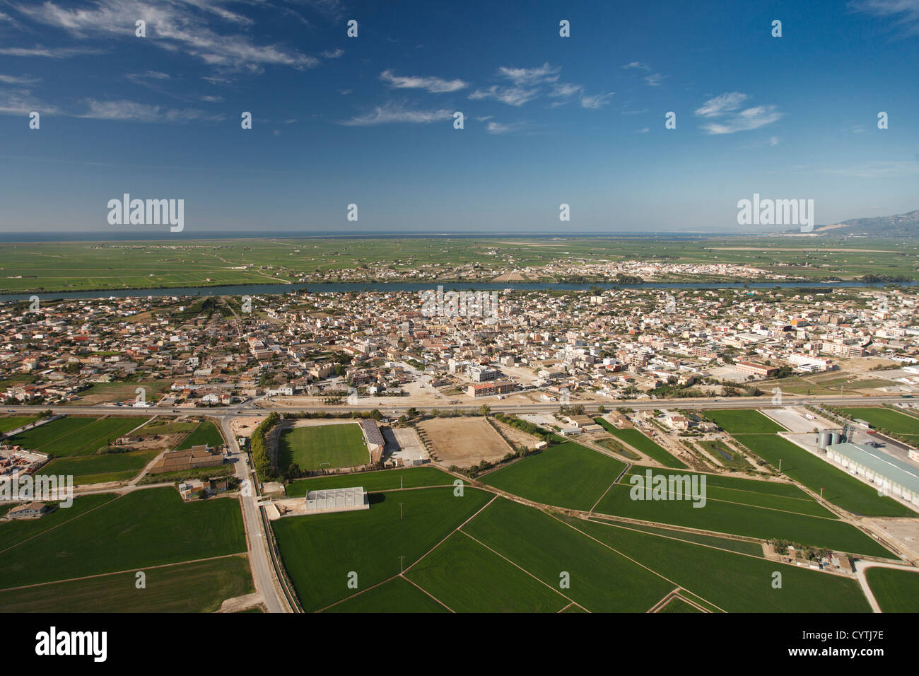 Aerial view of Deltebre and San Jaime de Enveja at Ebro Delta, Natural ...