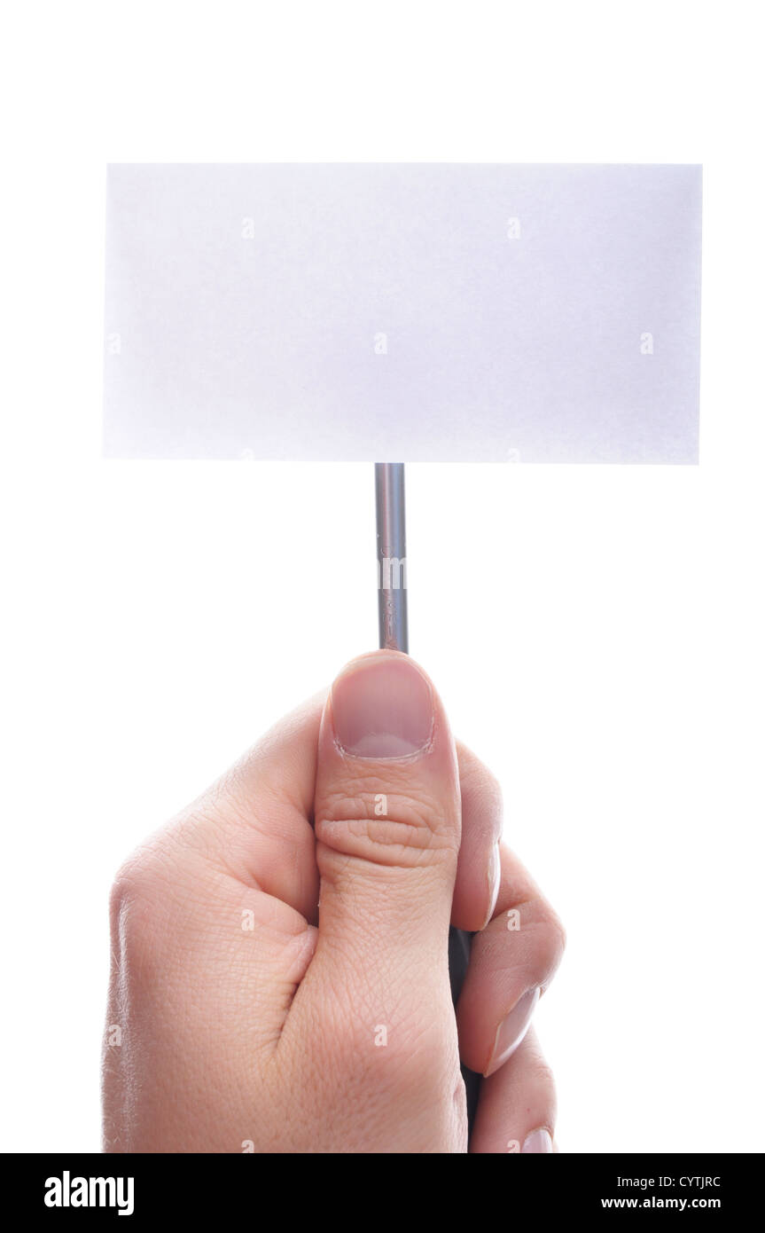 hand isolated on white background with blank or empty sheet paper and ...