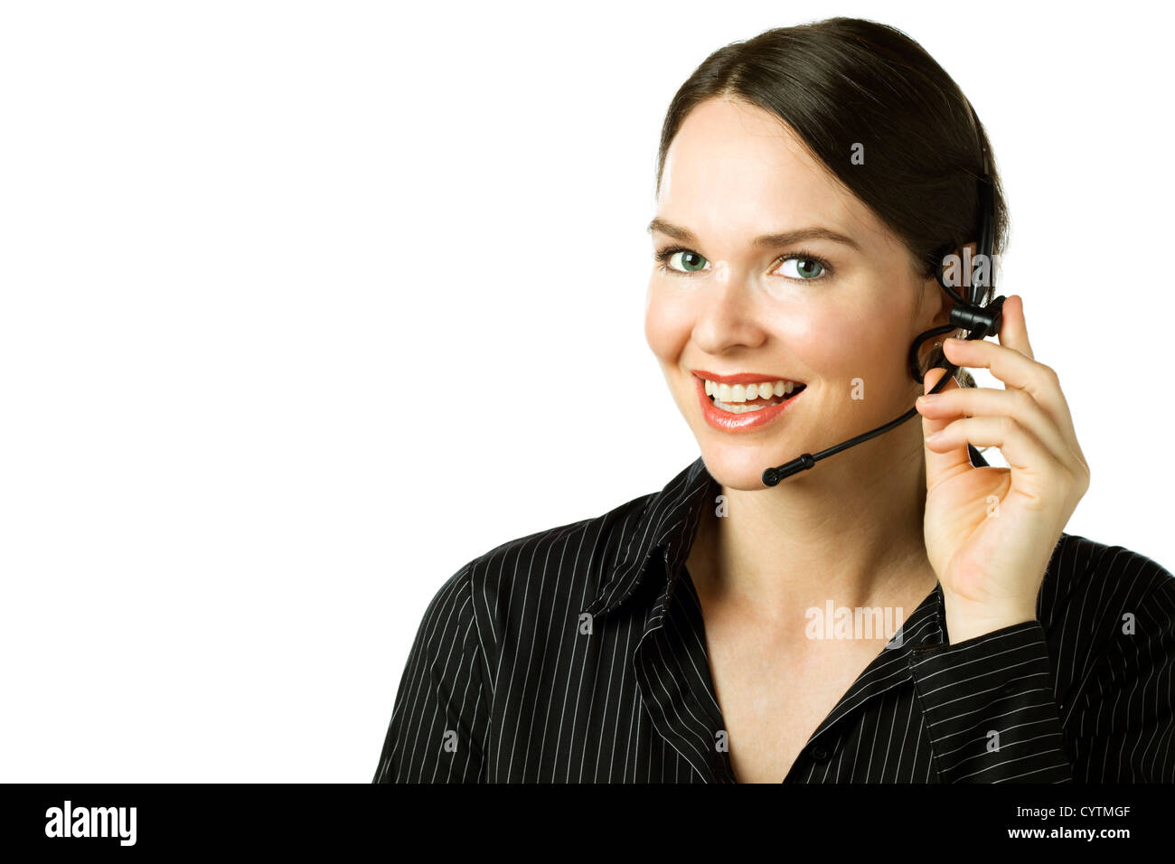 Friendly smiling telephone operator/secretary with headset over white ...