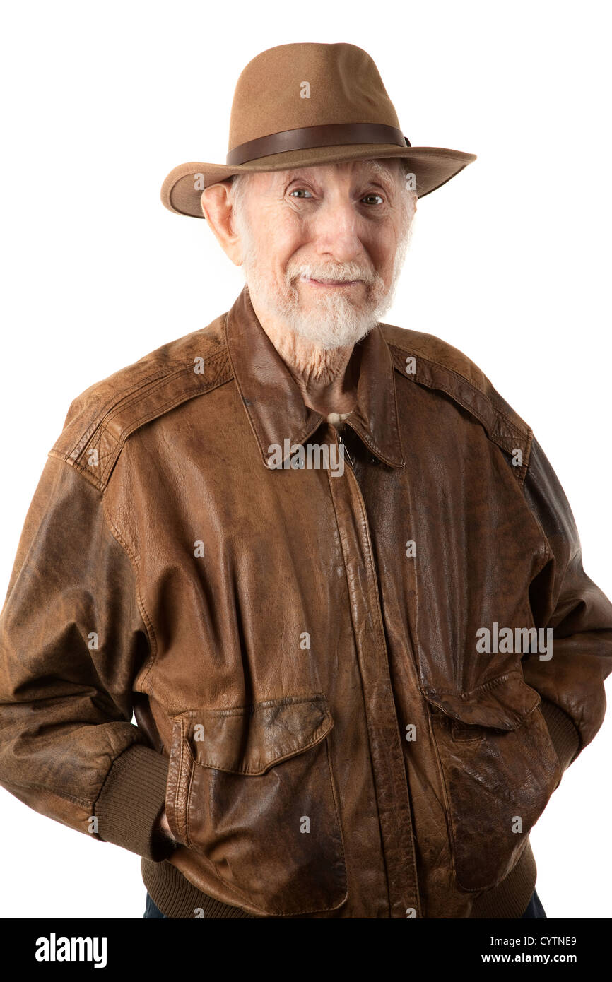 Adventurer or archaeologist in brown leather jacket Stock Photo - Alamy