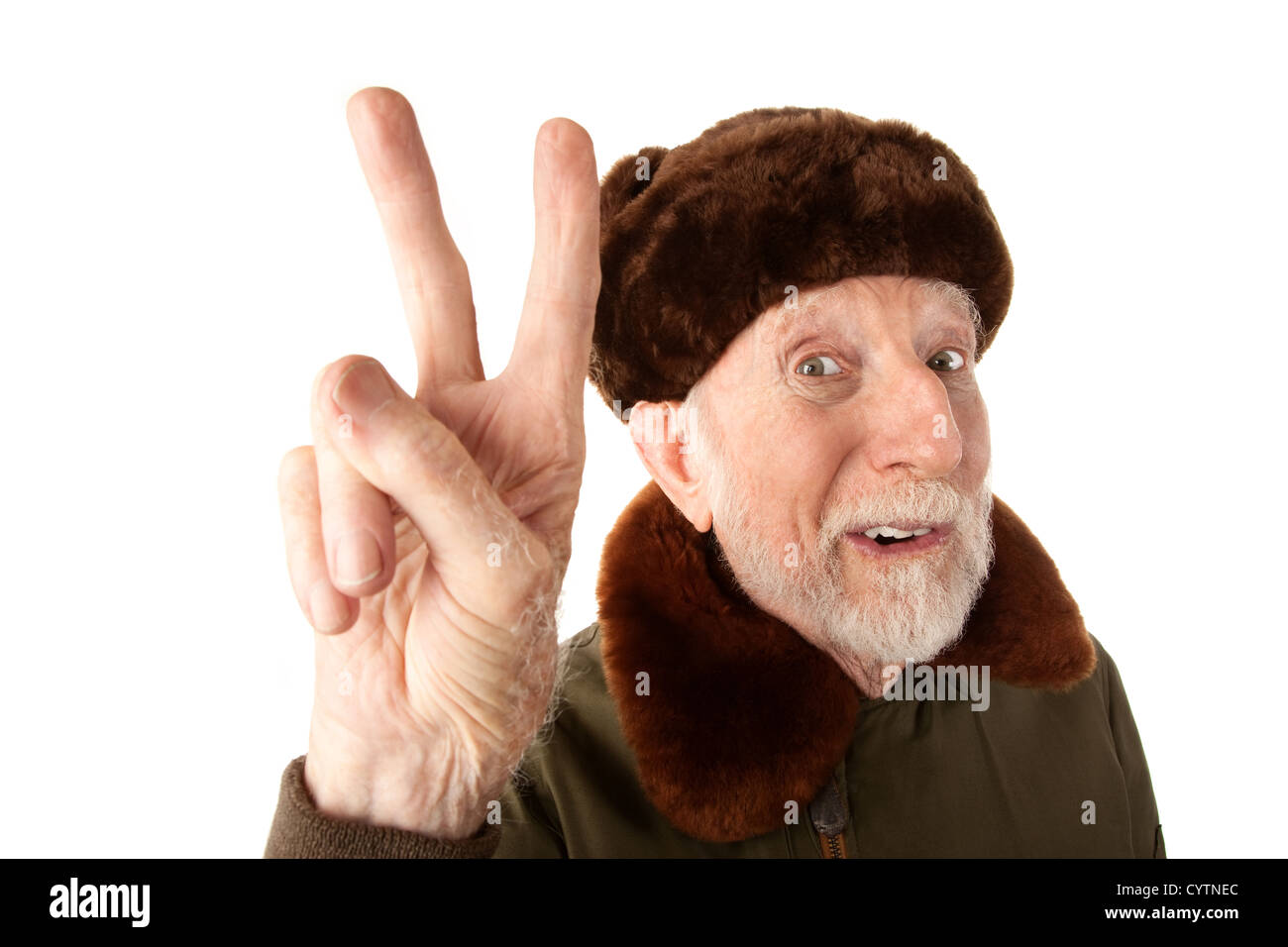 Senior Russian Man in Fur Cap and Jacket Making Peace Sign Stock Photo ...