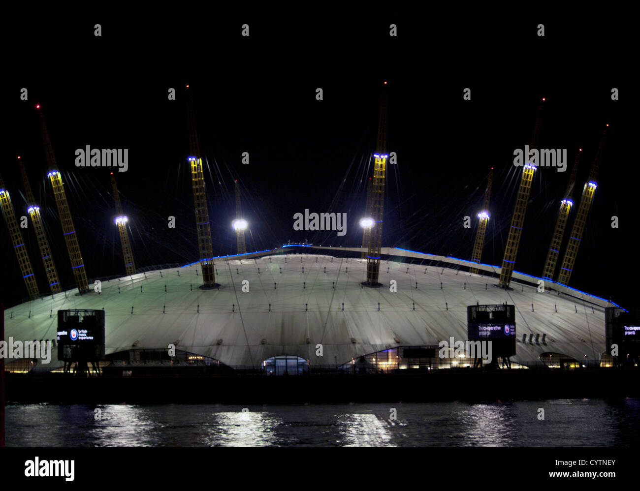Night view of 02 Arena showing illuminated walkway on roof and the ...