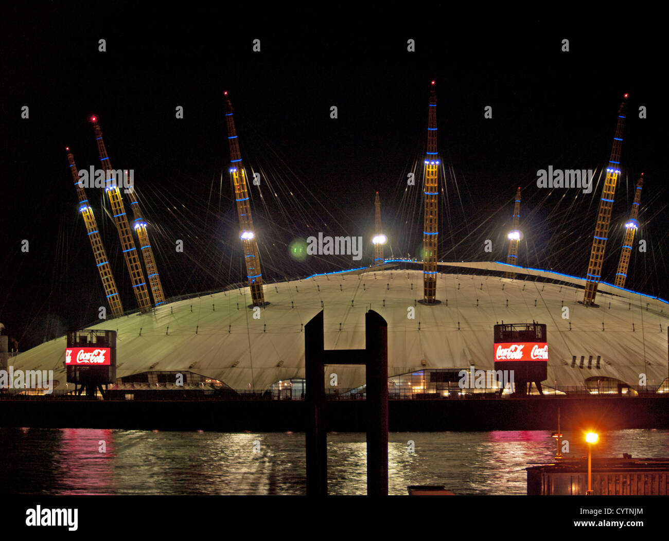 Night view of 02 Arena showing illuminated walkway on roof and the ...