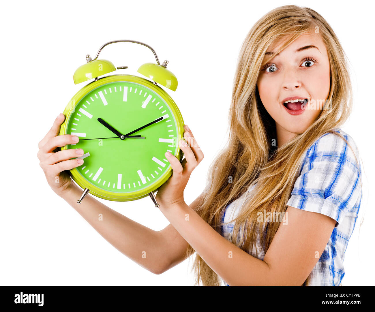 Women surprised with the ringing alarm on a white background Stock ...