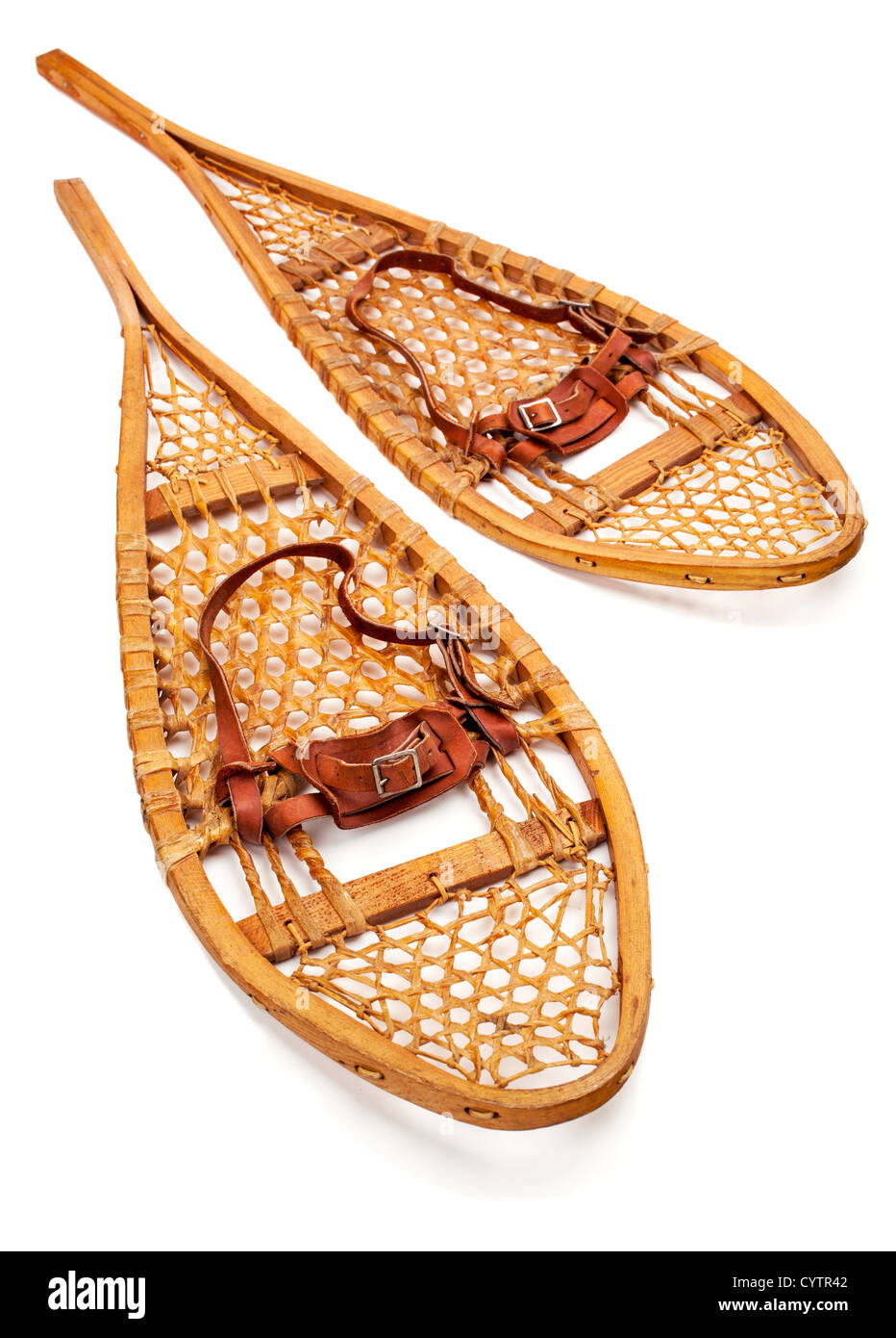 vintage wooden Huron snowshoes with leather binding on white Stock ...