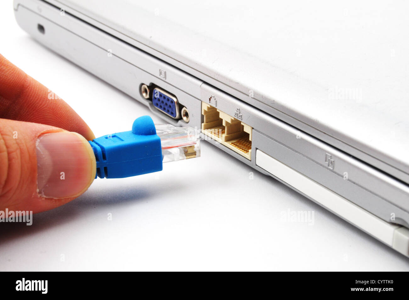 hand laptop and network connector showing lan or internet communication ...