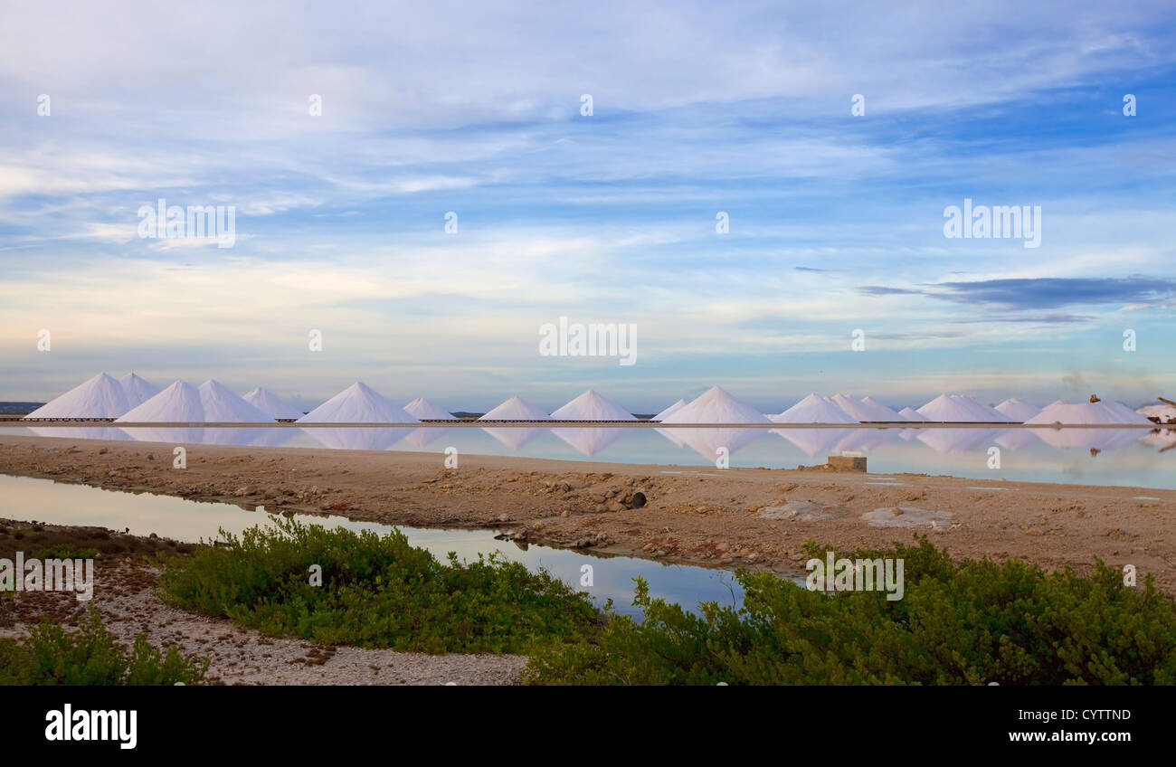 Salt mountains reflecting in the salt lake at Bonaire Stock Photo - Alamy