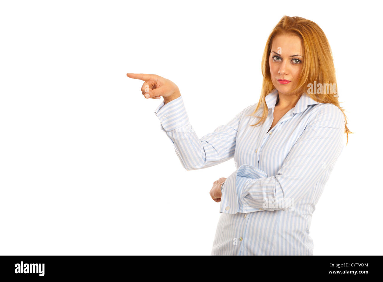Executive woman pointing to copy space isolated on white background ...