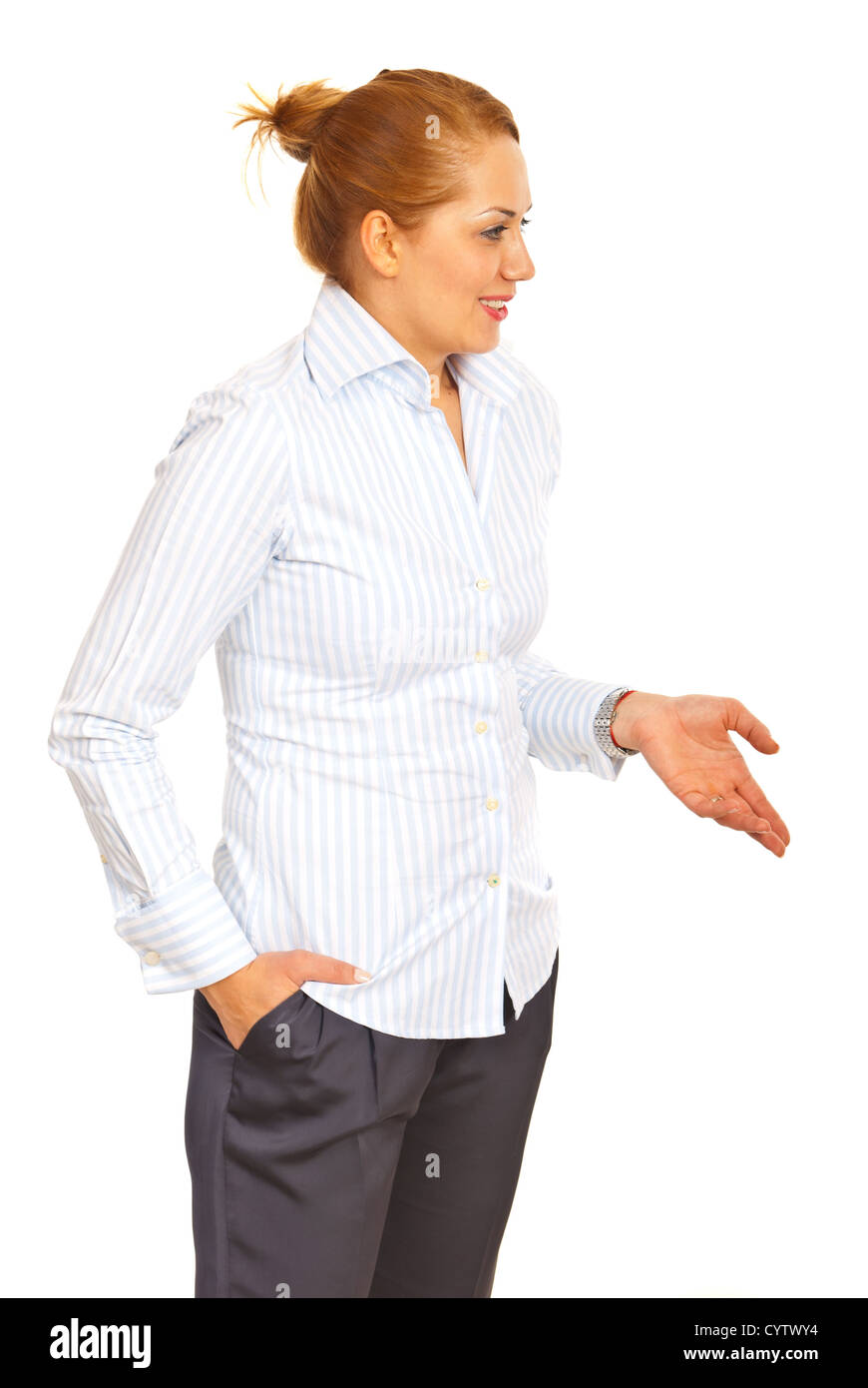 Business woman talking with imaginary person isolated on white ...