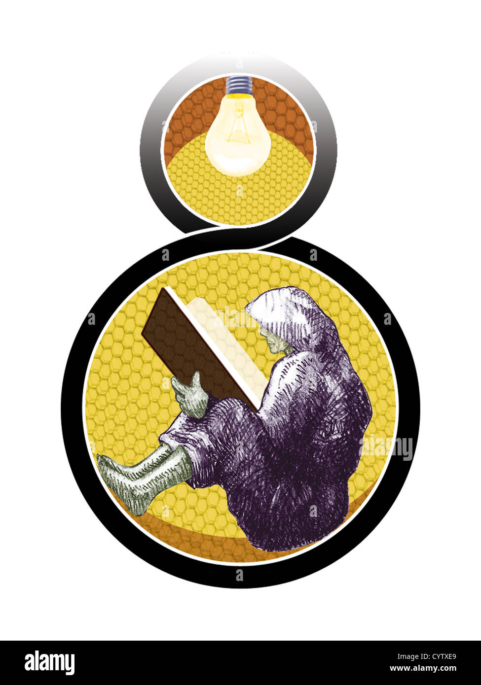 A person reading a book under a light bulb Stock Photo - Alamy