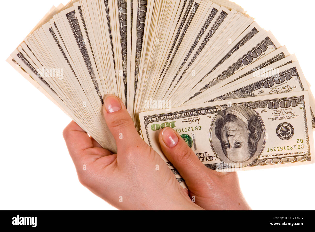 dollars in hand isolated on white background Stock Photo - Alamy