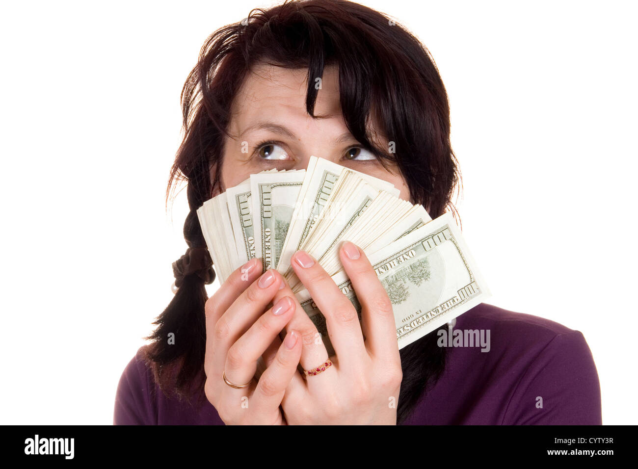 girl with money isolated on white background Stock Photo - Alamy