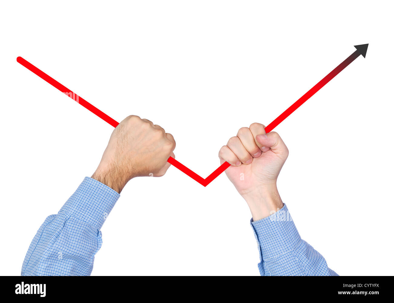 A man's hands bending the chart arrow. Isolated on white Stock Photo ...
