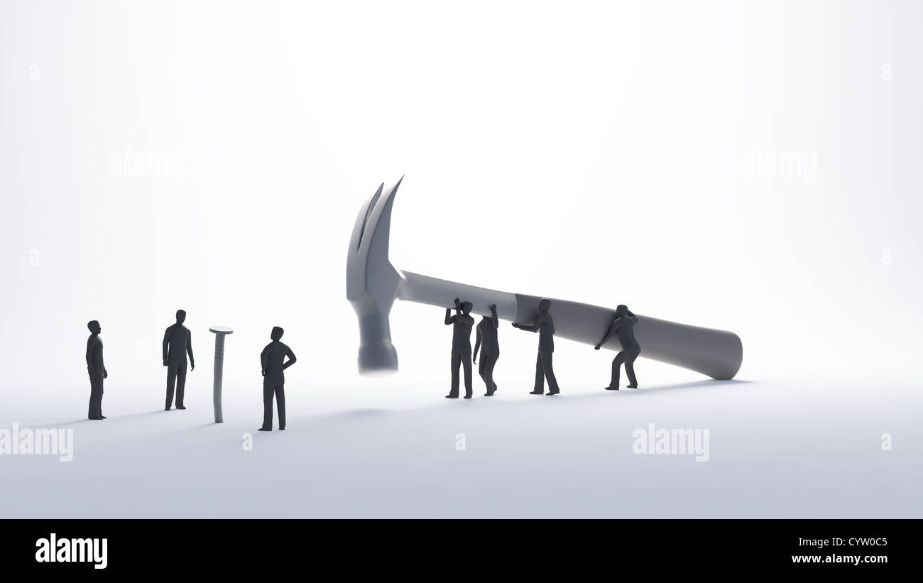Tiny people trying to hammer a nail - problem solving concept Stock ...