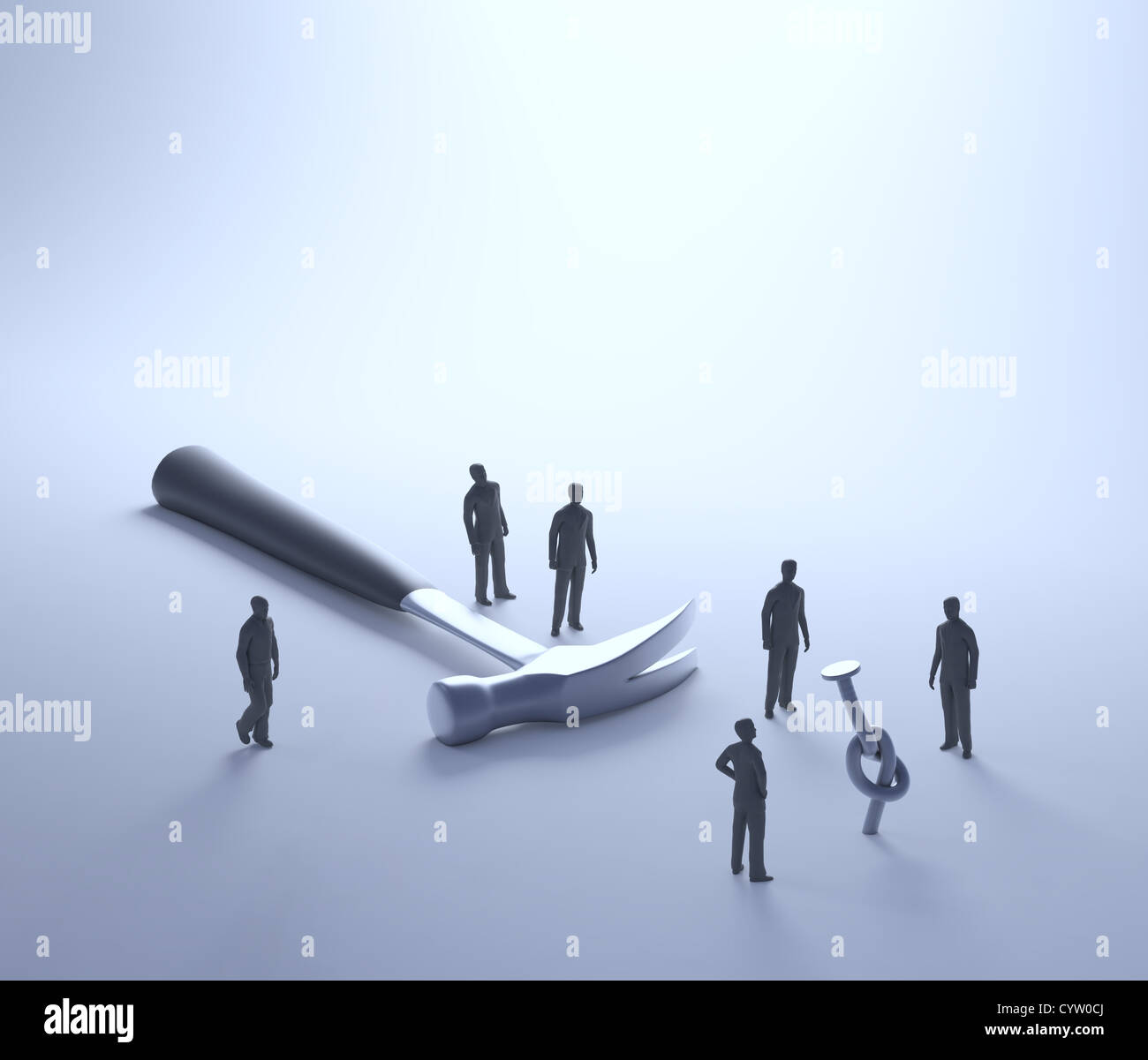 Tiny people trying to hammer a nail - problem solving concept Stock ...