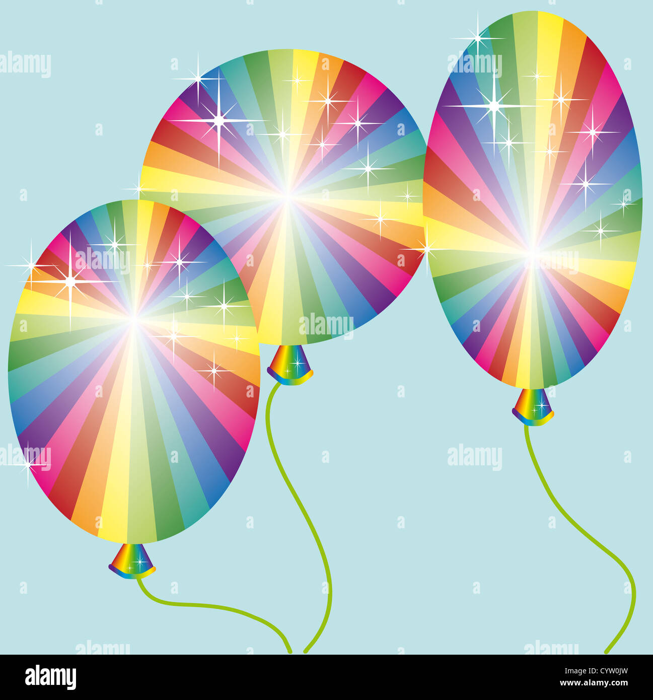 three rainbow colored balloons with sparkles on a blue background Stock ...